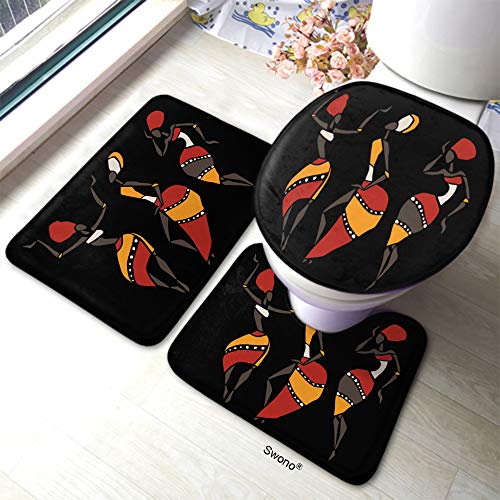 HGOD DESIGNS African Women Bath Mat,Beautiful African Dancing Woman in Ethnic Style Bathroom Mat 3 Piece Set Non-Slip Bathmat Antiskid Pad Doormat and Toilet Lid Cover Set