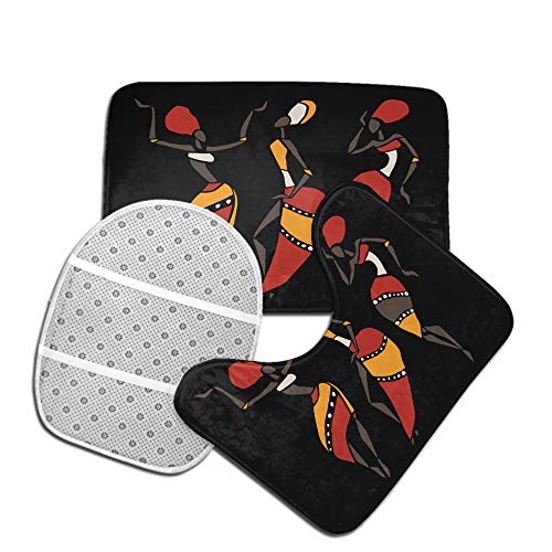 HGOD DESIGNS African Women Bath Mat,Beautiful African Dancing Woman in Ethnic Style Bathroom Mat 3 Piece Set Non-Slip Bathmat Antiskid Pad Doormat and Toilet Lid Cover Set