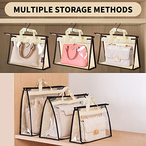 Handbag Storage Organizer 2 Pack, Clear Purse Storage Organizer for Closet, Clear Dust Bags for Handbags, Purse Cover Hanging Closet Organizer with Zipper, Handles and Purse Hook- L, Cream