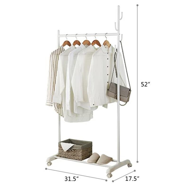 LUKEO 2-in-1 Clothes Coat Rack Rolling Garment Rack with Bottom Shelves-White Versatile Rack Durable Structure