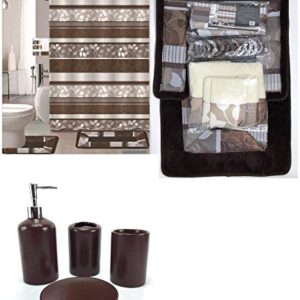 WPM WORLD PRODUCTS MART 22 Piece Bathroom Accessories Set: Complete Bath Decoration Include Bath Mats, Shower Curtain, Towels, Ceramic Toothbrush Holder/Cup/Soap Pump/soap Dish (Zen Brown)