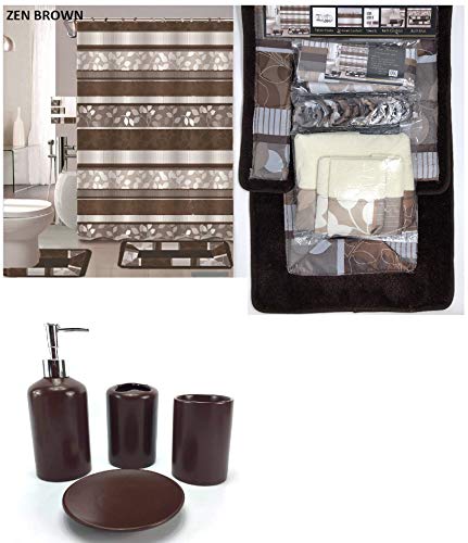 WPM WORLD PRODUCTS MART 22 Piece Bathroom Accessories Set: Complete Bath Decoration Include Bath Mats, Shower Curtain, Towels, Ceramic Toothbrush Holder/Cup/Soap Pump/soap Dish (Zen Brown)