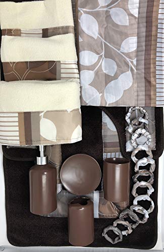 WPM WORLD PRODUCTS MART 22 Piece Bathroom Accessories Set: Complete Bath Decoration Include Bath Mats, Shower Curtain, Towels, Ceramic Toothbrush Holder/Cup/Soap Pump/soap Dish (Zen Brown)