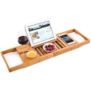 hankey bamboo bathtub caddy tray (extendable) luxury spa organizer with folding sides | natural, ecofriendly wood | integrated tablet, smartphone, wine, book holders