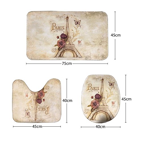 Amagical 3 Piece Vintage Paris Brown Eiffel Tower Bathroom Mat Set Purple Flower Butterfly Bath Mat Contour Mat Toilet Cover