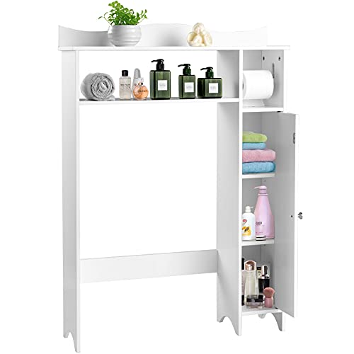 Tangkula Over The Toilet Storage Cabinet, Bathroom Space Saver w/Adjustable Shelves & Paper Holder, Freestanding Home Organizer Toilet Rack Stand w/Side Door & Anti-Topping Design, White