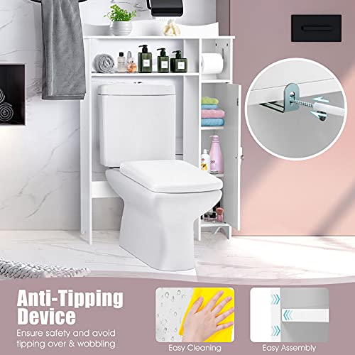 Tangkula Over The Toilet Storage Cabinet, Bathroom Space Saver w/Adjustable Shelves & Paper Holder, Freestanding Home Organizer Toilet Rack Stand w/Side Door & Anti-Topping Design, White