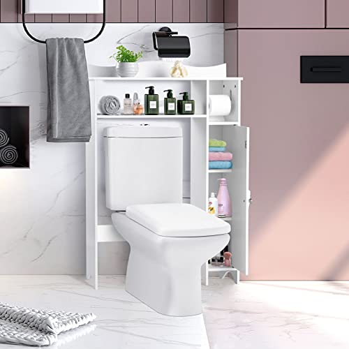 Tangkula Over The Toilet Storage Cabinet, Bathroom Space Saver w/Adjustable Shelves & Paper Holder, Freestanding Home Organizer Toilet Rack Stand w/Side Door & Anti-Topping Design, White