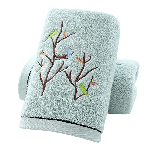 Pidada Hand Towels Set of 2 Embroidered Bird Tree Pattern 100% Cotton Absorbent Soft Decorative Towel for Bathroom 13.8 x 29.5 Inch (Aqua Green)