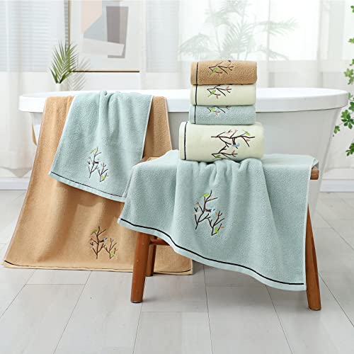 Pidada Hand Towels Set of 2 Embroidered Bird Tree Pattern 100% Cotton Absorbent Soft Decorative Towel for Bathroom 13.8 x 29.5 Inch (Aqua Green)