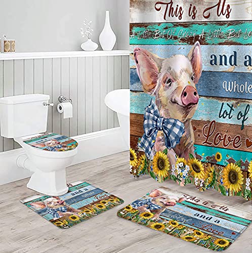 4 Piece Shower Curtain Sets Cute Rustic Farm Animals Pig on Wood Include Non-Slip Rug, Toilet Lid Cover, Bath Mat and Shower Curtain Waterproof with 12 Hooks for Bathroom