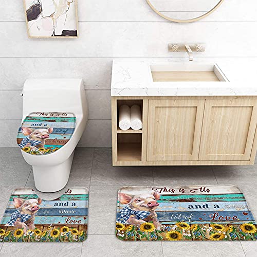 4 Piece Shower Curtain Sets Cute Rustic Farm Animals Pig on Wood Include Non-Slip Rug, Toilet Lid Cover, Bath Mat and Shower Curtain Waterproof with 12 Hooks for Bathroom