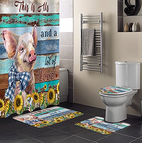 4 Piece Shower Curtain Sets Cute Rustic Farm Animals Pig on Wood Include Non-Slip Rug, Toilet Lid Cover, Bath Mat and Shower Curtain Waterproof with 12 Hooks for Bathroom