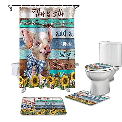 4 Piece Shower Curtain Sets Cute Rustic Farm Animals Pig on Wood Include Non-Slip Rug, Toilet Lid Cover, Bath Mat and Shower Curtain Waterproof with 12 Hooks for Bathroom