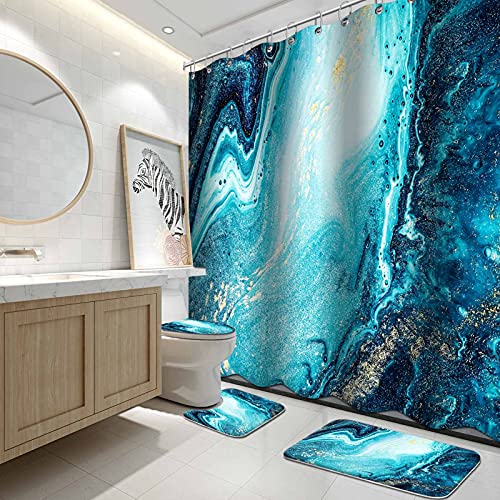 Lnond 4 Piece Blue Marble Shower Curtain Set, Abstract Modern Luxury Gold Bathroom Set, Texture Teal Spiral Bathroom Decor Set with Shower Curtain,Non-Slip Bath Rugs and Bathroom Mat Accessories