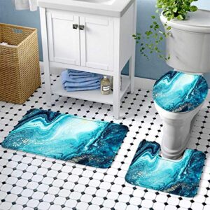 Lnond 4 Piece Blue Marble Shower Curtain Set, Abstract Modern Luxury Gold Bathroom Set, Texture Teal Spiral Bathroom Decor Set with Shower Curtain,Non-Slip Bath Rugs and Bathroom Mat Accessories