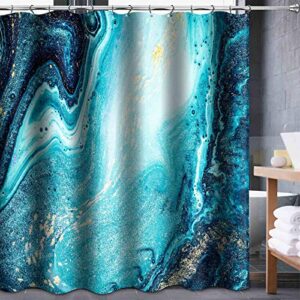 Lnond 4 Piece Blue Marble Shower Curtain Set, Abstract Modern Luxury Gold Bathroom Set, Texture Teal Spiral Bathroom Decor Set with Shower Curtain,Non-Slip Bath Rugs and Bathroom Mat Accessories