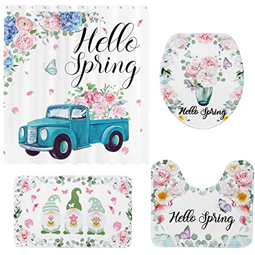 4 Pieces Hello Spring Truck Floral Shower Curtain Sets with Non Slip Rug Butterfly Bathroom Shower Curtain Spring Gnome Bath U Shaped Mat Toilet Lid Cover Waterproof Spring Bathroom Set with Hooks