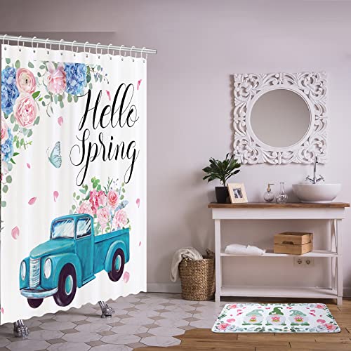 4 Pieces Hello Spring Truck Floral Shower Curtain Sets with Non Slip Rug Butterfly Bathroom Shower Curtain Spring Gnome Bath U Shaped Mat Toilet Lid Cover Waterproof Spring Bathroom Set with Hooks