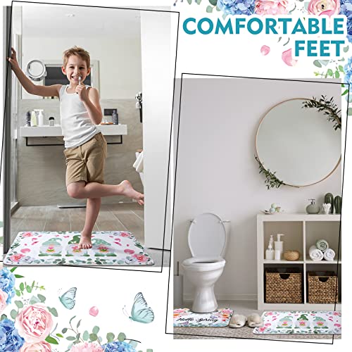 4 Pieces Hello Spring Truck Floral Shower Curtain Sets with Non Slip Rug Butterfly Bathroom Shower Curtain Spring Gnome Bath U Shaped Mat Toilet Lid Cover Waterproof Spring Bathroom Set with Hooks