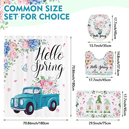 4 Pieces Hello Spring Truck Floral Shower Curtain Sets with Non Slip Rug Butterfly Bathroom Shower Curtain Spring Gnome Bath U Shaped Mat Toilet Lid Cover Waterproof Spring Bathroom Set with Hooks