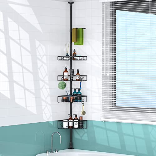 Kadolina Corner Shower Caddy Tension Pole, 4 Tier Shower Basket Shelves, 53-120 inch Adjustable Height Shower Storage Rack, Bathroom Bathtub Shampoo Holder Organizer Shower Accessories (Black)