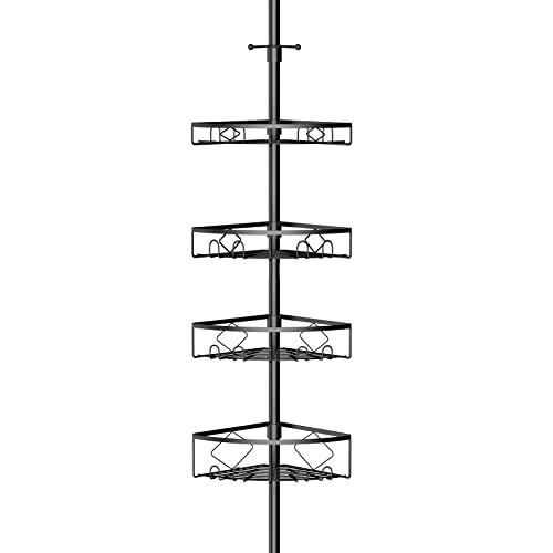 Kadolina Corner Shower Caddy Tension Pole, 4 Tier Shower Basket Shelves, 53-120 inch Adjustable Height Shower Storage Rack, Bathroom Bathtub Shampoo Holder Organizer Shower Accessories (Black)