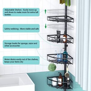 Kadolina Corner Shower Caddy Tension Pole, 4 Tier Shower Basket Shelves, 53-120 inch Adjustable Height Shower Storage Rack, Bathroom Bathtub Shampoo Holder Organizer Shower Accessories (Black)