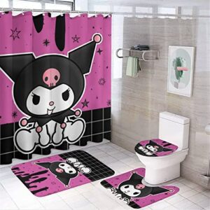 fmsnupz 4pcs anime shower curtain set, cute bathroom decor with non-slip rugs, toilet lid cover and bath mat, waterproof fabric shower curtains with 12 hooks, 70.8"x70.8"