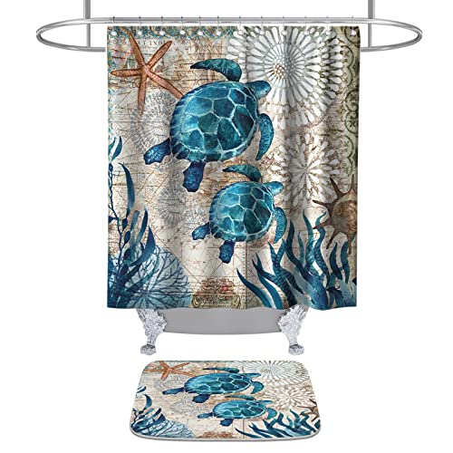 Final Friday Sea Turtles Ocean Nautical Bathroom Sets with Beach Shower Curtain and Rugs and Accessories Decor with Memory Foam Non Slip Velvet Bath Mat and 12 Hooks(72Wx72H,2pcs)