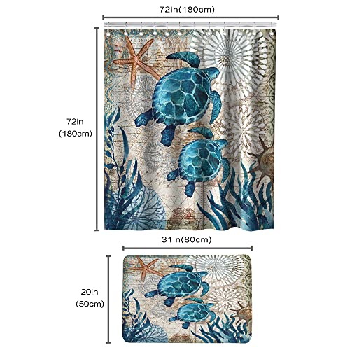 Final Friday Sea Turtles Ocean Nautical Bathroom Sets with Beach Shower Curtain and Rugs and Accessories Decor with Memory Foam Non Slip Velvet Bath Mat and 12 Hooks(72Wx72H,2pcs)