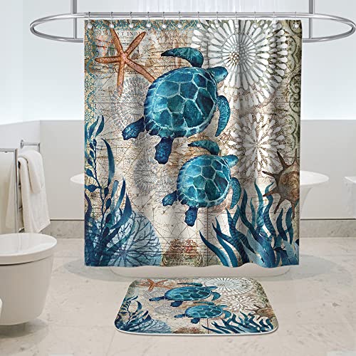 Final Friday Sea Turtles Ocean Nautical Bathroom Sets with Beach Shower Curtain and Rugs and Accessories Decor with Memory Foam Non Slip Velvet Bath Mat and 12 Hooks(72Wx72H,2pcs)