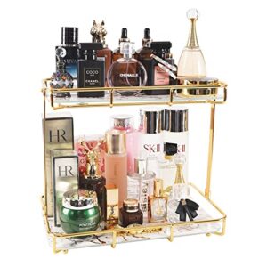 dalimfun 2-tier bathroom organizer countertop marbling tempered glass, detachable vanity tray makeup cosmetics perfume counter organizer storage shelves gold shelf