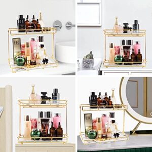 DalimFun 2-Tier Bathroom Organizer Countertop Marbling Tempered Glass, Detachable Vanity Tray Makeup Cosmetics Perfume Counter Organizer Storage Shelves Gold Shelf