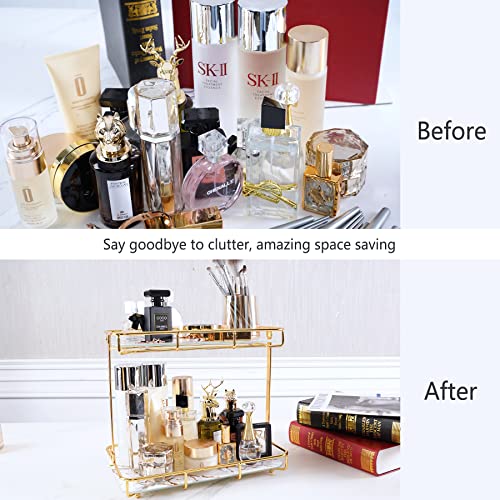 DalimFun 2-Tier Bathroom Organizer Countertop Marbling Tempered Glass, Detachable Vanity Tray Makeup Cosmetics Perfume Counter Organizer Storage Shelves Gold Shelf