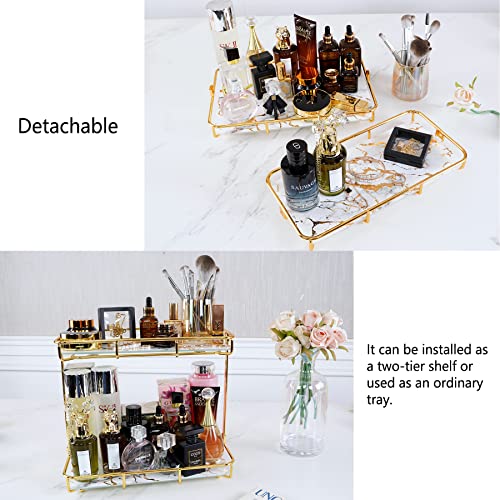 DalimFun 2-Tier Bathroom Organizer Countertop Marbling Tempered Glass, Detachable Vanity Tray Makeup Cosmetics Perfume Counter Organizer Storage Shelves Gold Shelf