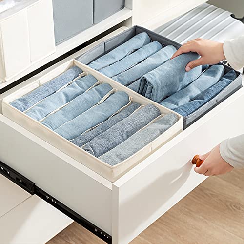 AUHSSAN 2 Packs Wardrobe Clothes Organizer, Foldable Closet Organizers Extra large 5 Grids Fabric Drawer Dividers with Double Handles for Jeans, Clothes, Pants, Sweaters, T-Shirts (Cream)