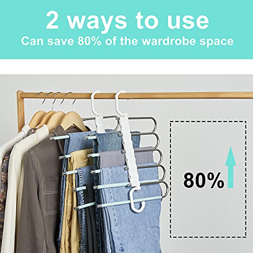 Pants Hangers 2Pack, 5 Layers Hangers Space Saving- 2 Uses Multifuctional Pants Rack Hanger Anti-Slip Clothes Hanger for Pants Jeans Trousers Skirts Scarf - Closet Storage Organizer