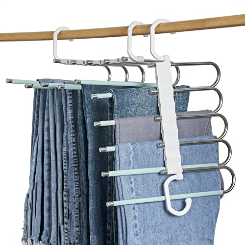 Pants Hangers 2Pack, 5 Layers Hangers Space Saving- 2 Uses Multifuctional Pants Rack Hanger Anti-Slip Clothes Hanger for Pants Jeans Trousers Skirts Scarf - Closet Storage Organizer