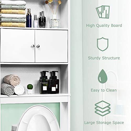 Giantex Over The Toilet Storage Cabinet w/Three-Layer Shelf & Two Doors, Landing Over Toilet Space Saver, Home Compact Wooden Tower Rack, Freestanding Bathroom Organizer, Easy Assembly, White