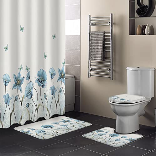 EwdeWwo Spring 4 Piece Shower Curtain Sets with Non-Slip Rugs, Toilet Lid Cover and Bath Mat, Blue Butterfly with Flowers Shower Curtain with 12 Hooks, Durable and Waterproof