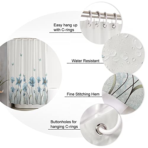 EwdeWwo Spring 4 Piece Shower Curtain Sets with Non-Slip Rugs, Toilet Lid Cover and Bath Mat, Blue Butterfly with Flowers Shower Curtain with 12 Hooks, Durable and Waterproof