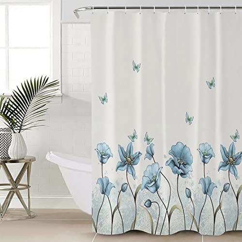 EwdeWwo Spring 4 Piece Shower Curtain Sets with Non-Slip Rugs, Toilet Lid Cover and Bath Mat, Blue Butterfly with Flowers Shower Curtain with 12 Hooks, Durable and Waterproof