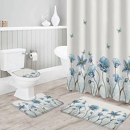 EwdeWwo Spring 4 Piece Shower Curtain Sets with Non-Slip Rugs, Toilet Lid Cover and Bath Mat, Blue Butterfly with Flowers Shower Curtain with 12 Hooks, Durable and Waterproof