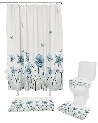 EwdeWwo Spring 4 Piece Shower Curtain Sets with Non-Slip Rugs, Toilet Lid Cover and Bath Mat, Blue Butterfly with Flowers Shower Curtain with 12 Hooks, Durable and Waterproof