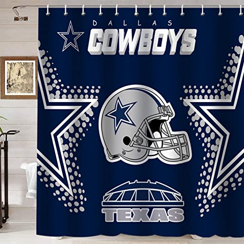 Namdeva 4PCS Sports Shower Curtain Set, American Football Helmet Stadium Grey Dots White Quotes Navy Blue Texas Star Touchdown Man Cave Bathroom Decor, Non-Slip Bath Mat, Gifts for Men Teenage Boys