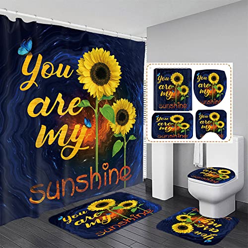 Izayoi 4 Pcs Sunflower Shower Curtain Set,Yellow Flower Butterfly Controller Bath Curtain with Anti-Slip Mat Toilet Cover Carpet Set and 12 Hooks,Black Waterproof Skeleton Bathroom Decor