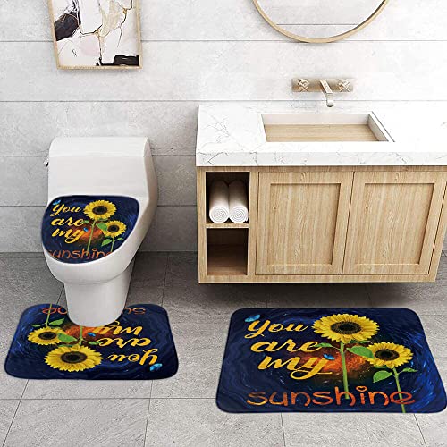 Izayoi 4 Pcs Sunflower Shower Curtain Set,Yellow Flower Butterfly Controller Bath Curtain with Anti-Slip Mat Toilet Cover Carpet Set and 12 Hooks,Black Waterproof Skeleton Bathroom Decor