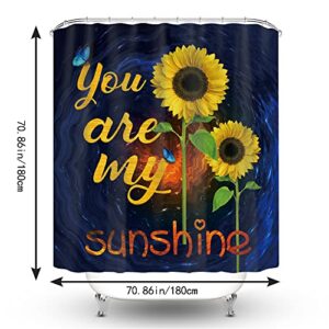 Izayoi 4 Pcs Sunflower Shower Curtain Set,Yellow Flower Butterfly Controller Bath Curtain with Anti-Slip Mat Toilet Cover Carpet Set and 12 Hooks,Black Waterproof Skeleton Bathroom Decor