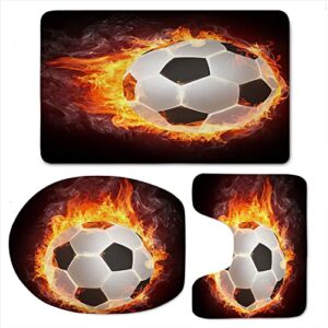 KKH Soccer Shower Curtain Set for Teens Boys, Football Ball On Fire Sports Bathroom Decor Bath Curtain with Rugs Toilet Lid Cover Bath Mat, 4PCS/Set Game Bathroom Decor, 72x72 inch